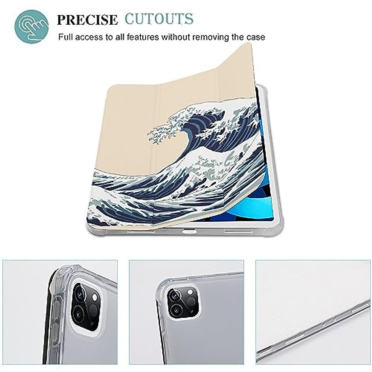 Hand Drawn Waves Tablet Case Compatible with iPad Pro 2021 11 Inch with Pencil Holder Slim Lightweight Three Fold Tablet Case Cover