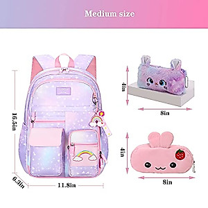 Jcobvig Kawaii Backpack For Girls Kids,Cute Student School Backpack With Pen Bag,Purple Aesthetic Starry Rainbow Laptop Travel Bag (Purple Medium 16.5in