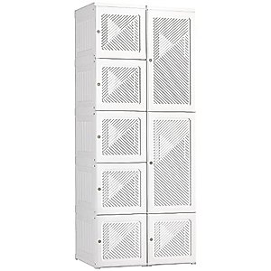 HOMCOM Portable Wardrobe Closet, Folding Bedroom Armoire, Clothes Storage Organizer with Cube Compartments, Hanging Rod, Magnet Doors, White