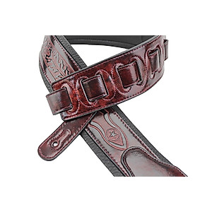Walker & Williams GB-163 Oxford Brown Handmade Padded Guitar Strap with Oak Leaves & Texas Star Tooling For Acoustic, Electric, And Bass Guitars