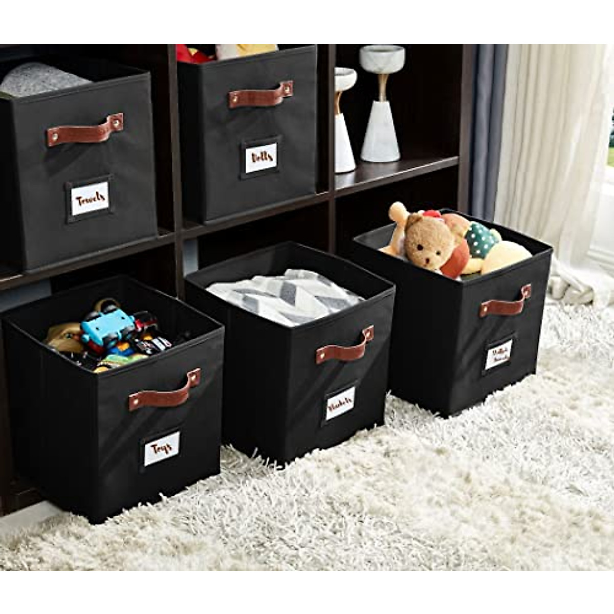 DECOMOMO Storage Cubes with Label Holders Collapsible Storage Bins for Shelves with Faux Leather Handles 11 Inch Cube Storage Bin for Organizers Shelves Closet Toys Clothes (11" / 6pcs, Black)