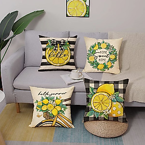 Fjfz Hello Summer Lemon Decorative Throw Pillow Cover 18 x 18 Set of 4, Bicycle Black White Buffalo Plaid Check Stripes Porch Outdoor Home Decor, Home Sweet Home Wreath Farmhouse Couch Cushion Case