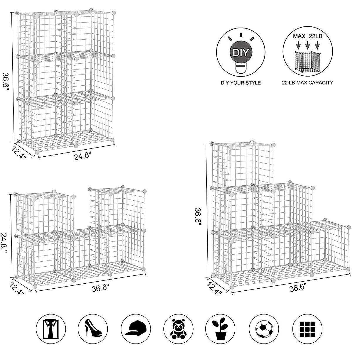 C&AHOME Wire Cube Storage, 6 - Cube Organizer Metal C Grids, Modular Shelves Units, Storage Bins Shelving, Closet Organizer, Ideal for Home, Office, Living Room, 36.6”L x 12.4”W x 36.6”H White