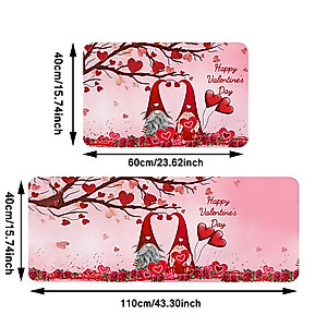 Wtosuhe Valentines Day Decorative Kitchen Mats Set of 2, Pink Love Heart Doormat Gnome Yard Kitchen Rug with Non-Slip Rubber, Spring Seasonal Decorative Floor Mat Doormat (Sweet-03)