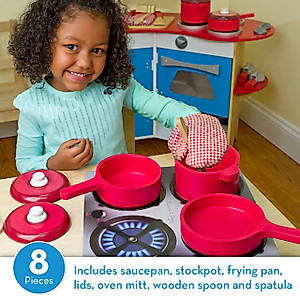 Melissa & Doug Deluxe Wooden Kitchen Accessory Set - Pots & Pans (8 pcs) , Green , H: 12 x W: 12 x D: 5