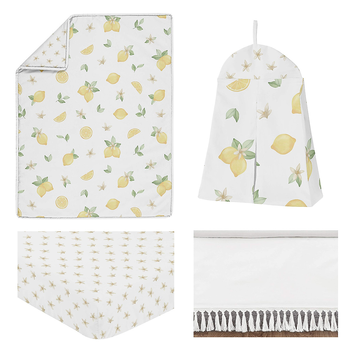 Sweet Jojo Designs Lemon Floral Baby Girl Nursery Crib Bedding Set - 4 pieces - Yellow Green Beige White Watercolor Boho Bohemian Farmhouse Fruit Flower Blossom Botanical Leaf Tassle