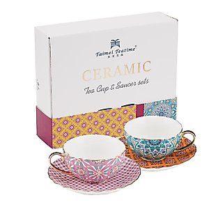 Taimei Teatime Porcelain Tea Cups and Saucers Set of 2, 6 oz Bohemia Style Coffee Cup with Saucer with Gold Trim in Gift Box, Coffee Mug for Latte, Cappuccino and Tea, Gift for Women