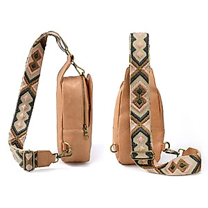 KlaOYer Sling Leather Bags For Women Crossbody Small Fanny Pack Purses Chest Bags With Guitar Strap For Gril Lady(Peach-Khaki)