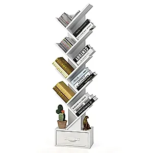 Giantex Tree Bookshelf with Drawer, 10 Shelf Space Saving White Wooden Bookcase, Freestanding Retro Wood Storage Rack, Decorative Bookshelf with Storage