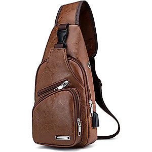 Men's Leather Sling Bag Multipurpose Daypack Shoulder Chest Crossbody Bag Black with USB Charging Port (Brown)