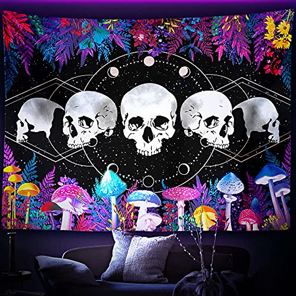 Jinxy Skull Moon Phase Mushroom Garden Tapestry, Psychedelic Floral Plant Tapestry, Wild Flowers Tapestry Home Decor Wall Hanging for Living Roomall Hanging for Living Room (Moon Phase Skull, 51.2" x 59.1")
