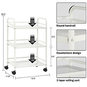 DCLRN 3 Tier Rolling Cart,Storage Organizer Cart,Multifunctional Storage Shelves,Rolling Metal Organization Cart with Handle and Lockable Wheels,for Home,Office,Kitchen,Bathroom(White)
