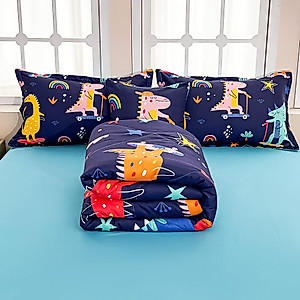 Megamayga Dinosaur Bedding Full Size for Boys 6 Pieces Dinosaur Comforter Set Full for Kids Bed in A Bag Comforter Set with Blue Sheets Stars Rainbow Print 3D Dino Bedding Skateboard Dinosaur Bed Set