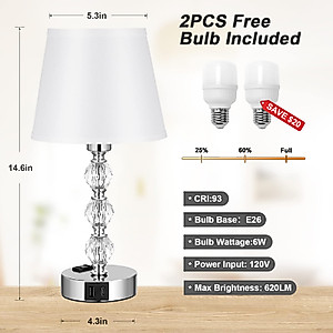 Bedside Lamps for Bedrooms Set of 2 - Crystal Nightstand Bedroom Lamp with Two USB Charging Port, 3 Way Dimmable Touch Small Bed Side Table Lamp, Silver Night Stand Light for Living/Guest/Dinning Room