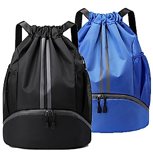 BRILISLE Drawstring Backpack Water-Resistant Sports Gym Bag for Women & Men with Shoes Compartment and Wet-Proof Pocket blkblu