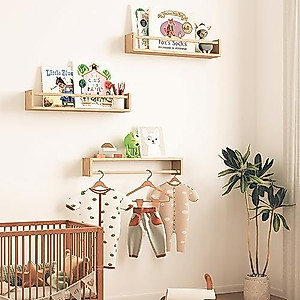 Fixwal Nursery Book Wall Shelves, 16.5 Inch Floating Bookshelves for Wall Set of 3, Baby Nursery Decor, Solid Wood Wall Mounted Shelves for Books, Toys and Decor Storage (Natural Wood)