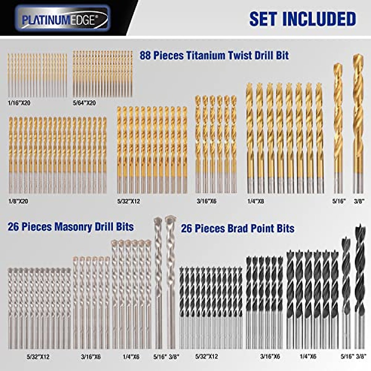 PLATINUMEDGE 140PC Multi-Purpose Drill Bits Set, 88PC Titanium Twist Drill Bits 26 Pieces Masonry Drill Bits 26 Pc Brad Point Drill Bits, with Hard Storage Case, for Wood, Metal, Masonry, etc.