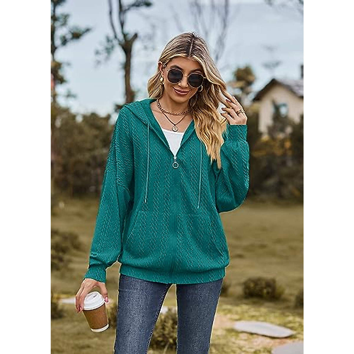 IN Chenthy Women's Fashion Hoodies & Sweatshirts, 2023 Fall V Neck Zip Up Hoodie Casual Sweater Long Sleeve Trendy Zipper Pullover Tops Green M