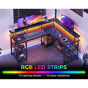 ODK 59" L Shaped Gaming Desk with Power Outlet and LED Lights, PC Gaming Table with USB Ports, Reversible L Shape Desk with Storage Shelves & Monitor Stand, Home Office Desk, Black Carbon Fiber