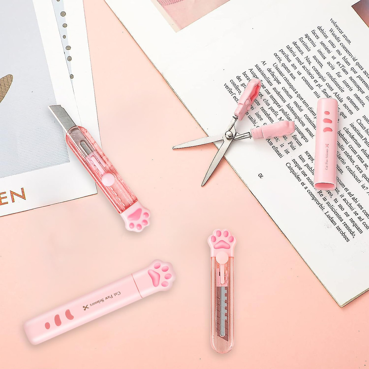 Cute Mini Craft Scissors, Pink Stainless Steel Scissors & Utility Knives, Folding Stationery Scissors with Safety Cover, Portable Safety Scissors and Utility Knives for Paper Cutting, Scrapbooking