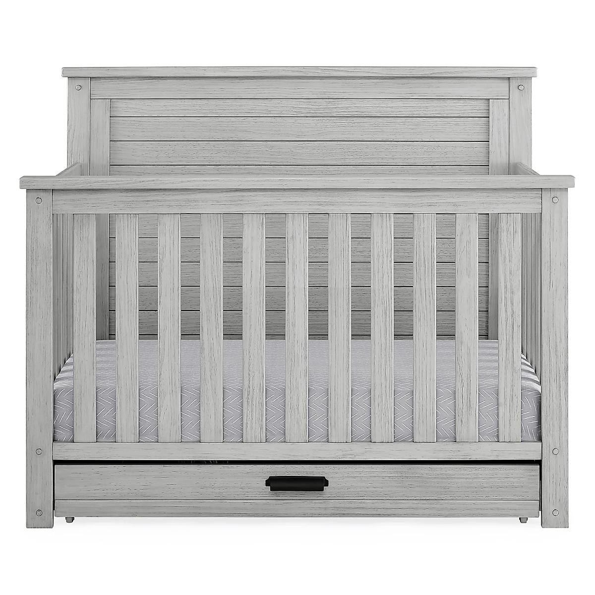 Delta Children Simmons Kids Caden 6-in-1 Convertible Crib with Trundle Drawer, Greenguard Gold Certified, Rustic Mist