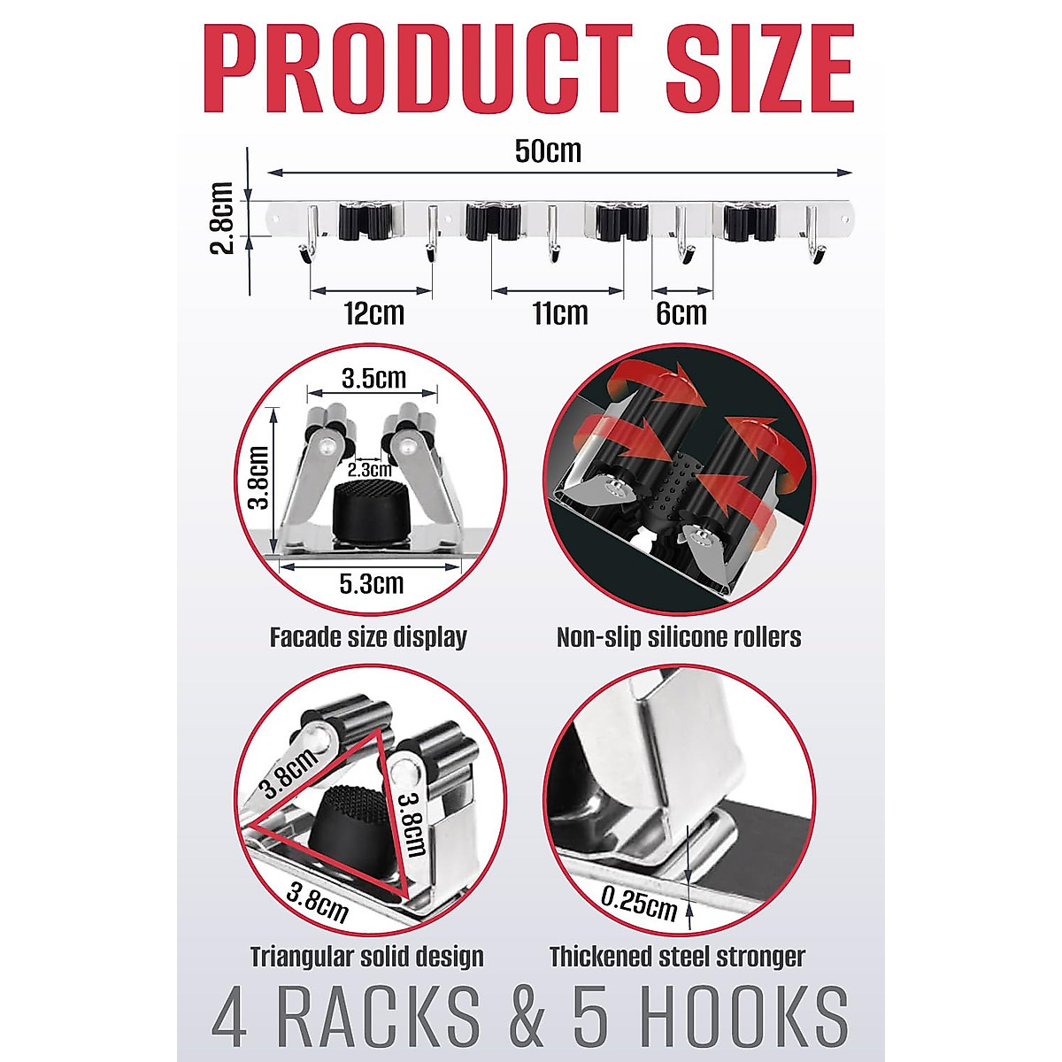 Mop and Broom Holder Wall Mount, Keep your Closet and Garage Tidy with a Heavy Duty Wall Mounted Mop and Broom Holder, - Utility Rack Laundry Room Organization and Storage Tool Rack Organizer Hooks