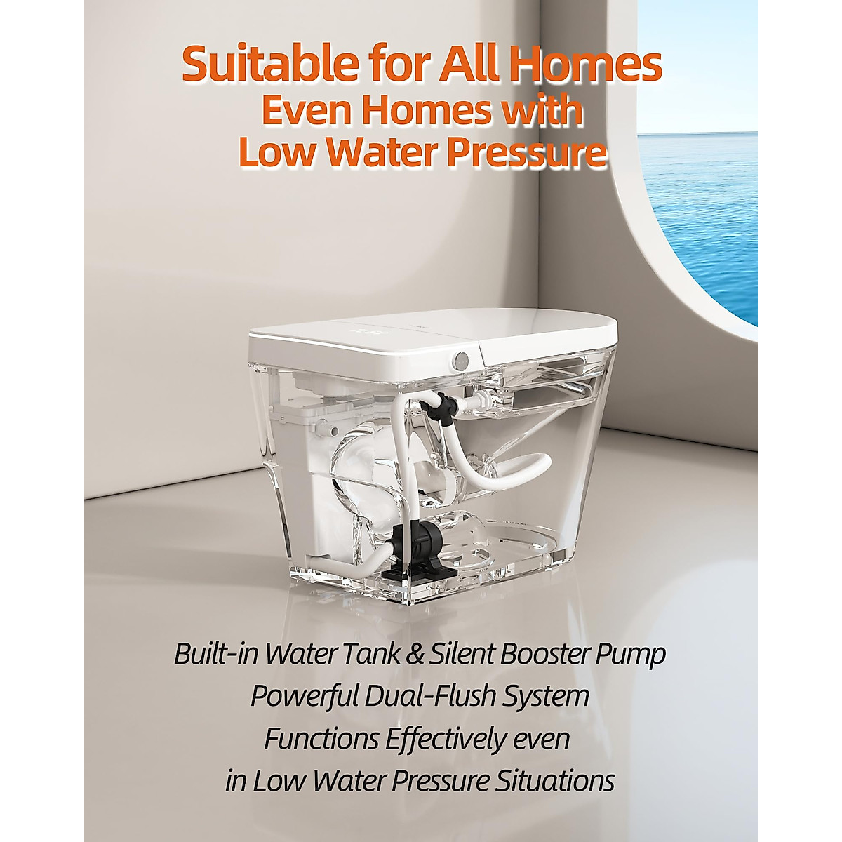 Luoware Smart Toilet with Bidet Built in, Luxury One Piece Elongated Bidet Toilet with Auto Close & Flush, Foot Sensor to Open/Close/Flush, Heated Seat, Massage Wash, Night Light, Remote Control