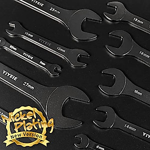 YIYEIE Super-Thin Open End Wrench Set, 10-Piece Metric, 5.5, 7, 8, 9, 10, 11, 12, 13, 14, 15, 16, 17, 18, 19, 20, 21, 22, 23, 24, 27 mm, Nickel Coating, CR-V Steel, Slim Wrench with Rolling Pouch