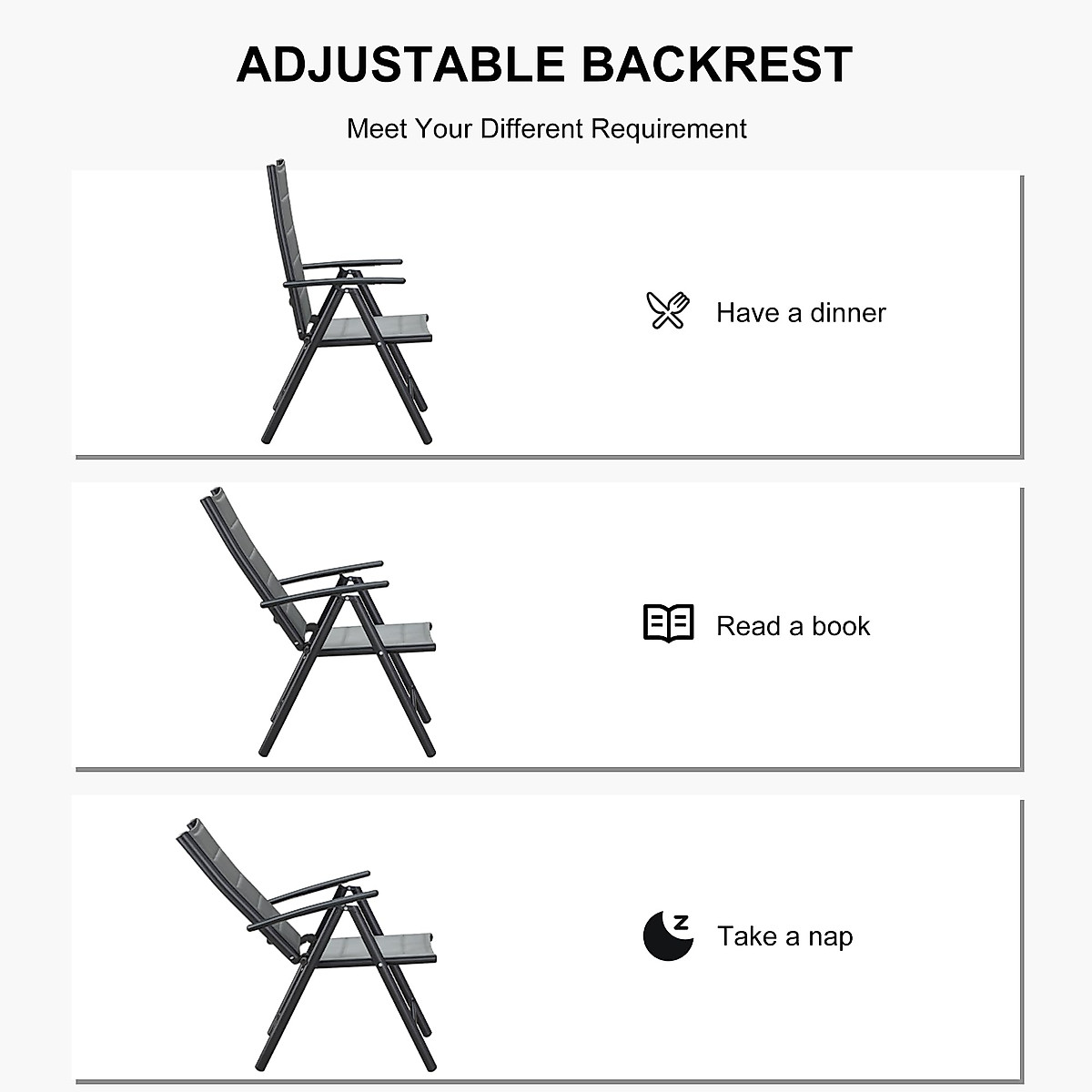 PURPLE LEAF 9 Pieces Outdoor Patio Dining Set with 8 Folding Portable Chairs and 1 Rectangle Aluminum Table, Foldable Adjustable High Back Reclining Chairs with Soft Cotton-Padded Seat, Grey