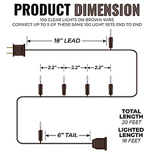 612 Vermont 100 Clear Mini Christmas String Lights on Brown Wire Cord, UL Approved for Indoor/Outdoor Use, 18 Foot of Lighted Length, 20 Foot of Total Length