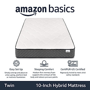 Amazon Basics Hybrid Mattress, Medium Feel, Memory Foam, Motion Isolation Springs, 10 Inch, Twin, White & Gray