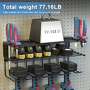 Heavy Duty Tool Organizer with charging station, 3 Layers Garage Pegboard Tool Rack, Power Tool Organizer Wall Mounted with 7 -Hole outlets Surge Protector, 4 Power Drill