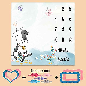 PHMOJEN Cow Baby Monthly Milestone Blanket, Farm Animals Butterflies Grass Flowers, Newborns 1 to 12 Months Unisex Include 4 Frames and 1 Headband 47"x47"BTLSPH503