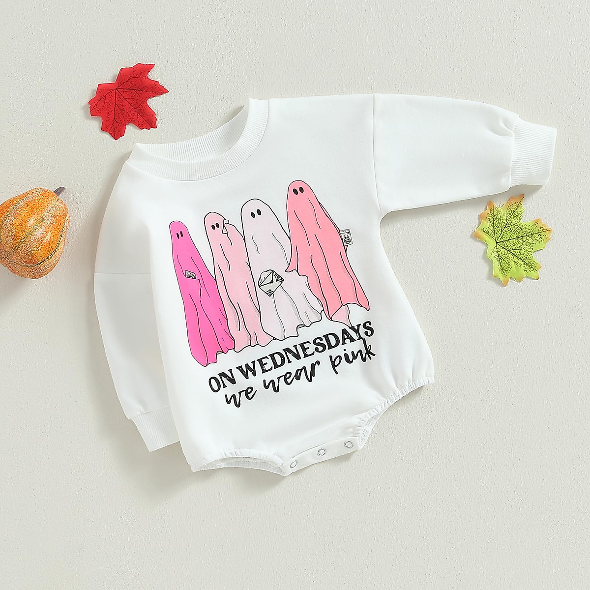 Karuedoo Halloween Baby Boy Girl Clothes Pumpkin Romper Sweatshirt Romper Crewneck Oversized Long Sleeve Bodysuit Outfit (On Wednesdays We Wear Pink, 0-3 Months)