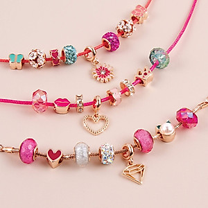 Make It Real - Halo Charms Bracelets Think Pink - DIY Charm Bracelet Making Kit - Friendship Bracelet Kit with Beads, Charms & Cord - Arts & Crafts Bead Kit for Girls - Makes 3 Bracelets