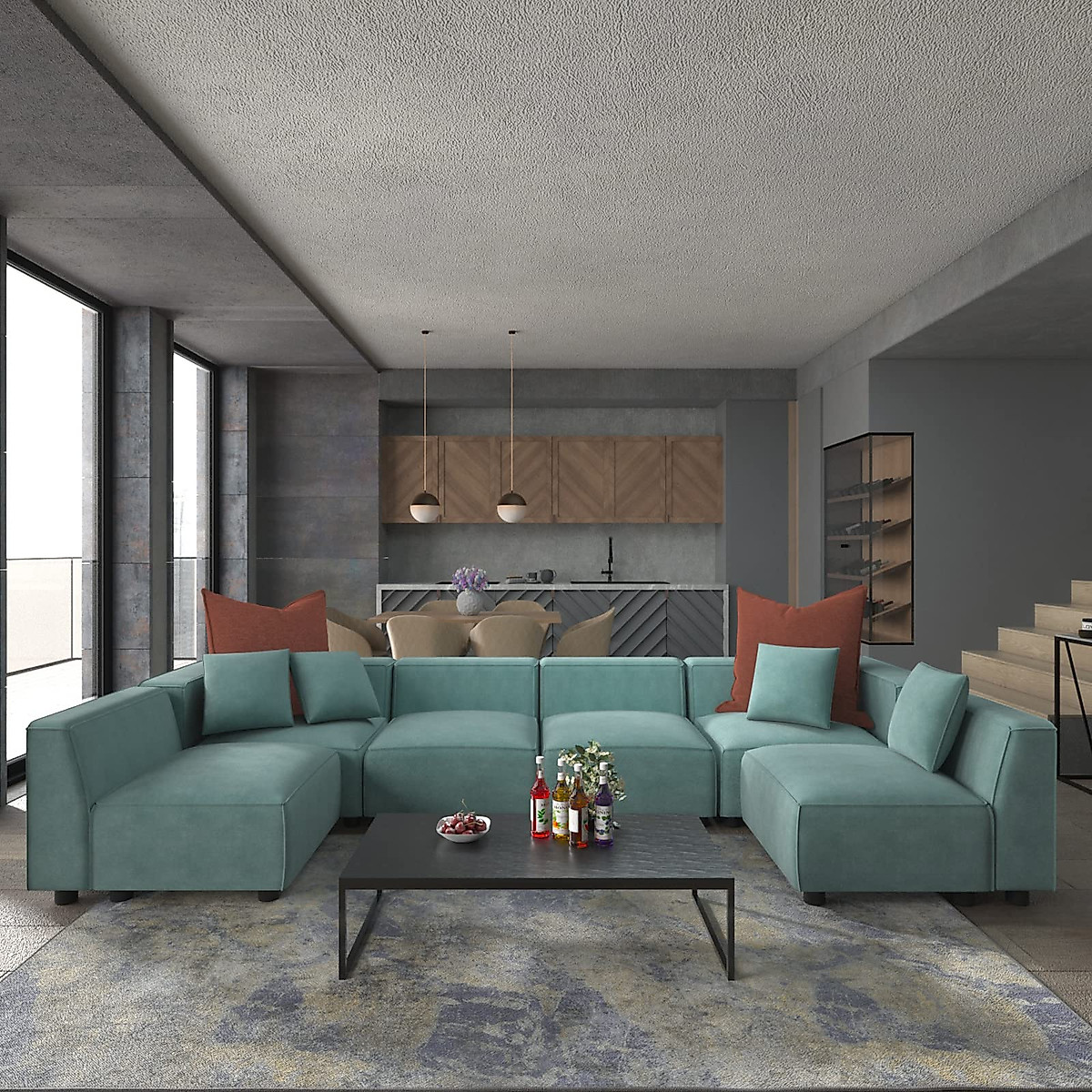 LLappuil Modern Modular Sectional Living Room Sofa Set, Low Back Minimalist Style Couch, Soft Fabric 6 Seater Oversized 138.4" U Shape Sofa, Aqua Blue