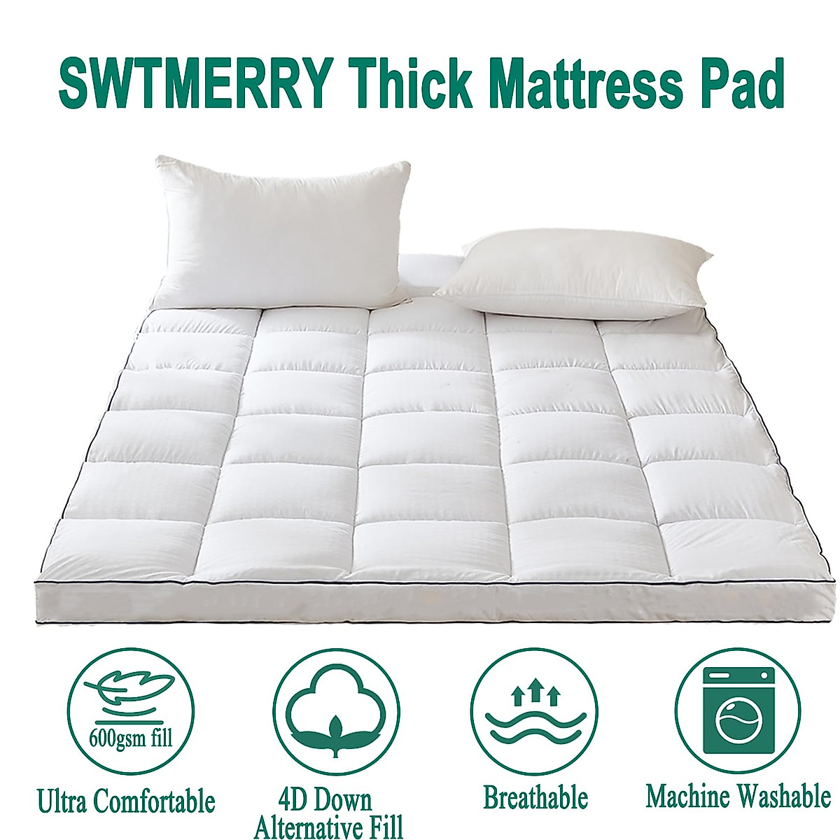SWTMERRY Mattress Pad Topper - Extra Thick Mattress Pad Cover for Deep Sleep,4D Snow Down Alternative Fill Overfilled Plush Pillow Top with 8-21 Inch Deep Pocket (White, King)