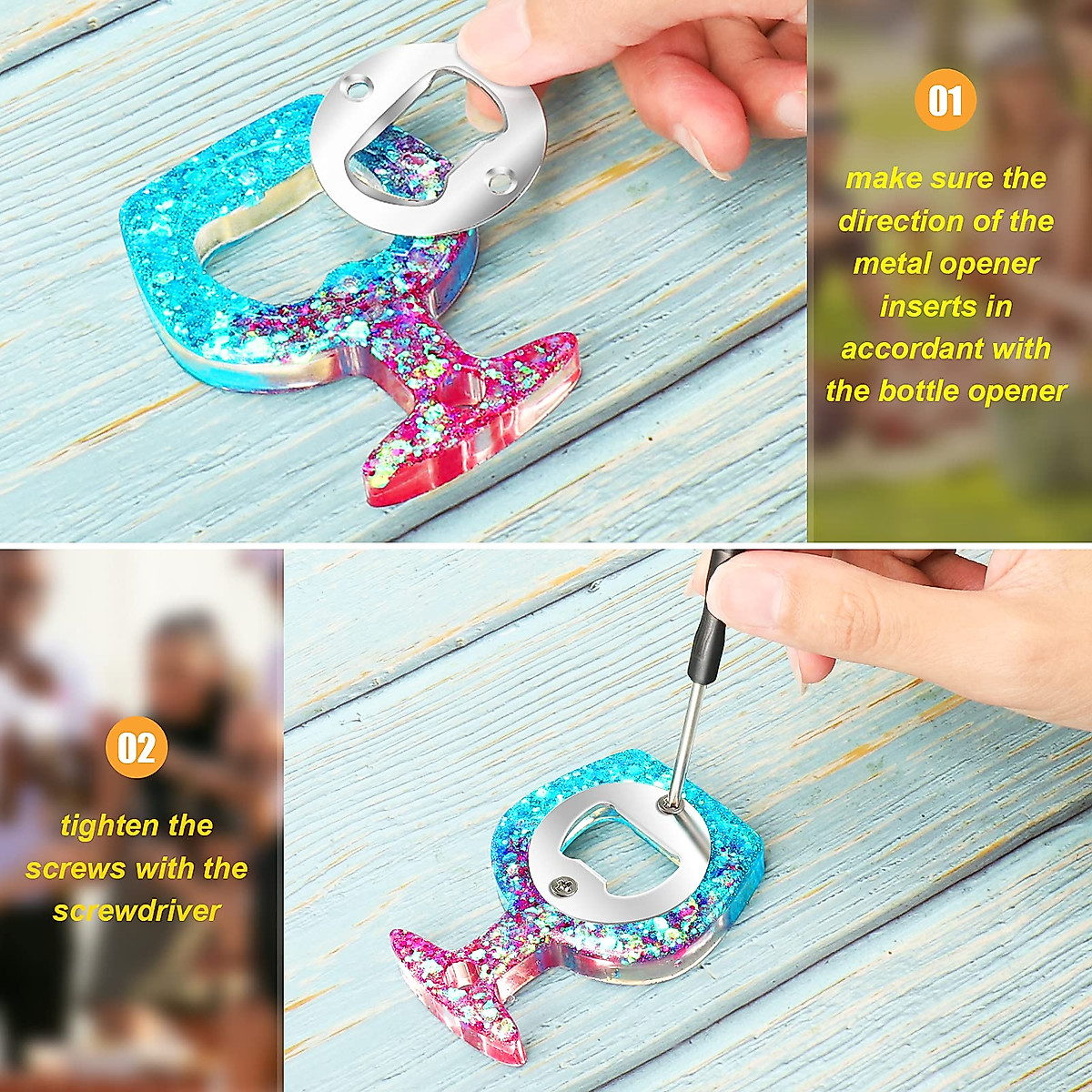 Juome 10 Sets Bottle Opener Inserts Kit, Stainless Steel Metal Inserts DIY Beer Opener, Wrench/Spanner with Screws for Bottle Opener Resin Molds Kit