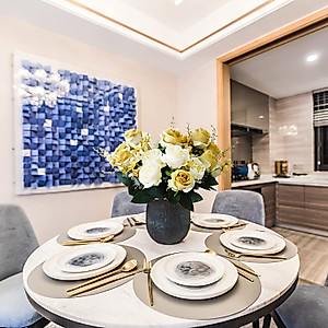 Sunlightam Artificial Flowers, Budding Fake Flowers 9 Heads Silk Roses Bridal Home Garden Office Dining Table Wedding Decor (White+Gold)