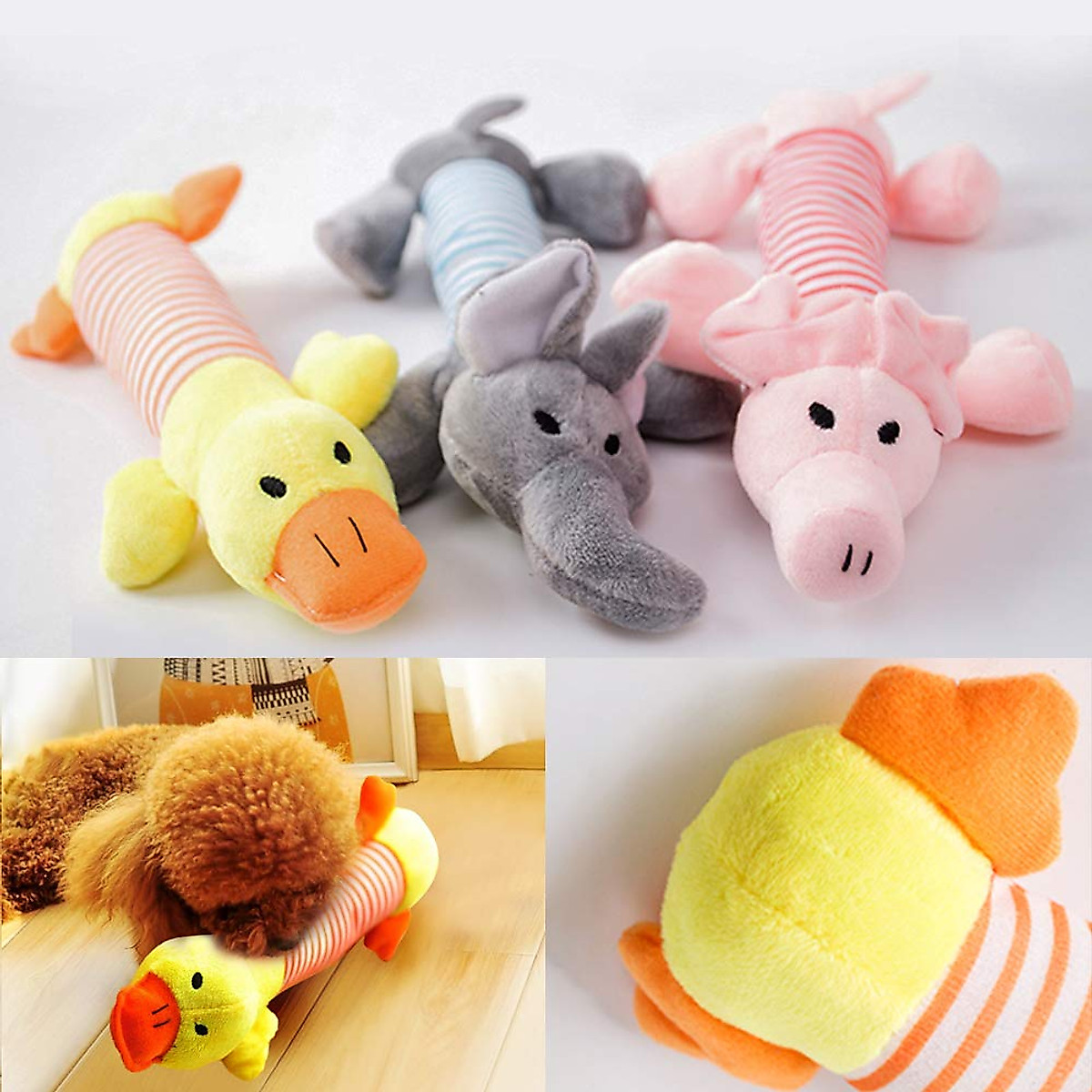 Cute Pet Dog Cat Plush Squeak Sound Dog Toys Funny Fleece Durability Chew Molar Toy Fit for All Pets Elephant Duck Pig (A)