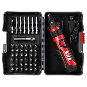 SKIL Rechargeable 4V Cordless Screwdriver Bundle with Circuit Sensor Technology, USB Charging Cable, Carrying Case, and Bit Set