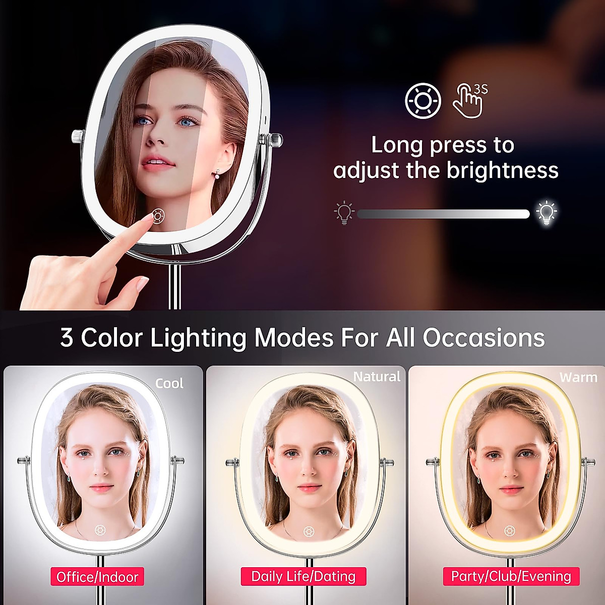 LOVESPEJO 9''Lighted Makeup Mirror with Magnification, 1X/7X Magnifying Mirror, Rechargeable Double Sided Oval LED Makeup Mirror, 3 Colors Dimmable Lighted Makeup Mirror，360° Rotation Cosmetic Mirror