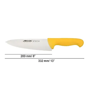 ARCOS Chef Knife 8 Inch Nitrum Stainless Steel and 200 mm blade. Professional Multipurpose Cooking Knife. Ergonomic Polypropylene Handle. Series 2900. Color Yellow