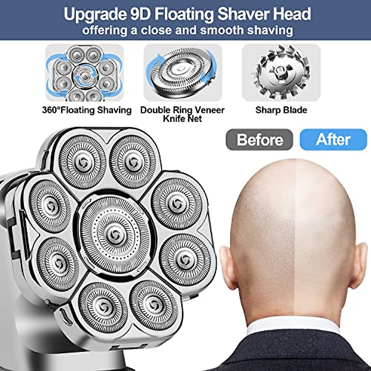HIENA PRO Head Shavers for Bald Men, 9D 6-in-1 Bald Head Shavers for Men, Cordless Rechargeable LED Display Mens Head Razors for Bald, Ipx 7 Waterproof Wet Dry Rotary Travel Shaver, USB Charge
