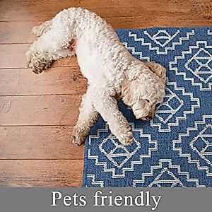 U'Artlines Indoor Outdoor Area Rugs Aztec Boho Chic Non-Shedding Large Floor Mat and Rug for Outdoors, RV, Patio, Backyard, Deck, Picnic, Beach, Trailer, Camping (4' x 6', Cream/Blue)