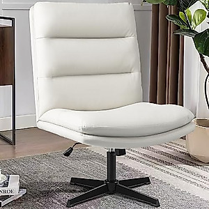 TAVATA High Back Armless Office Desk Chair No Wheels, PU Wide Seat Home Office Desk Chair Cross Legged Office Chair, Modern Adjustable Swivel Vanity Chair… (White)