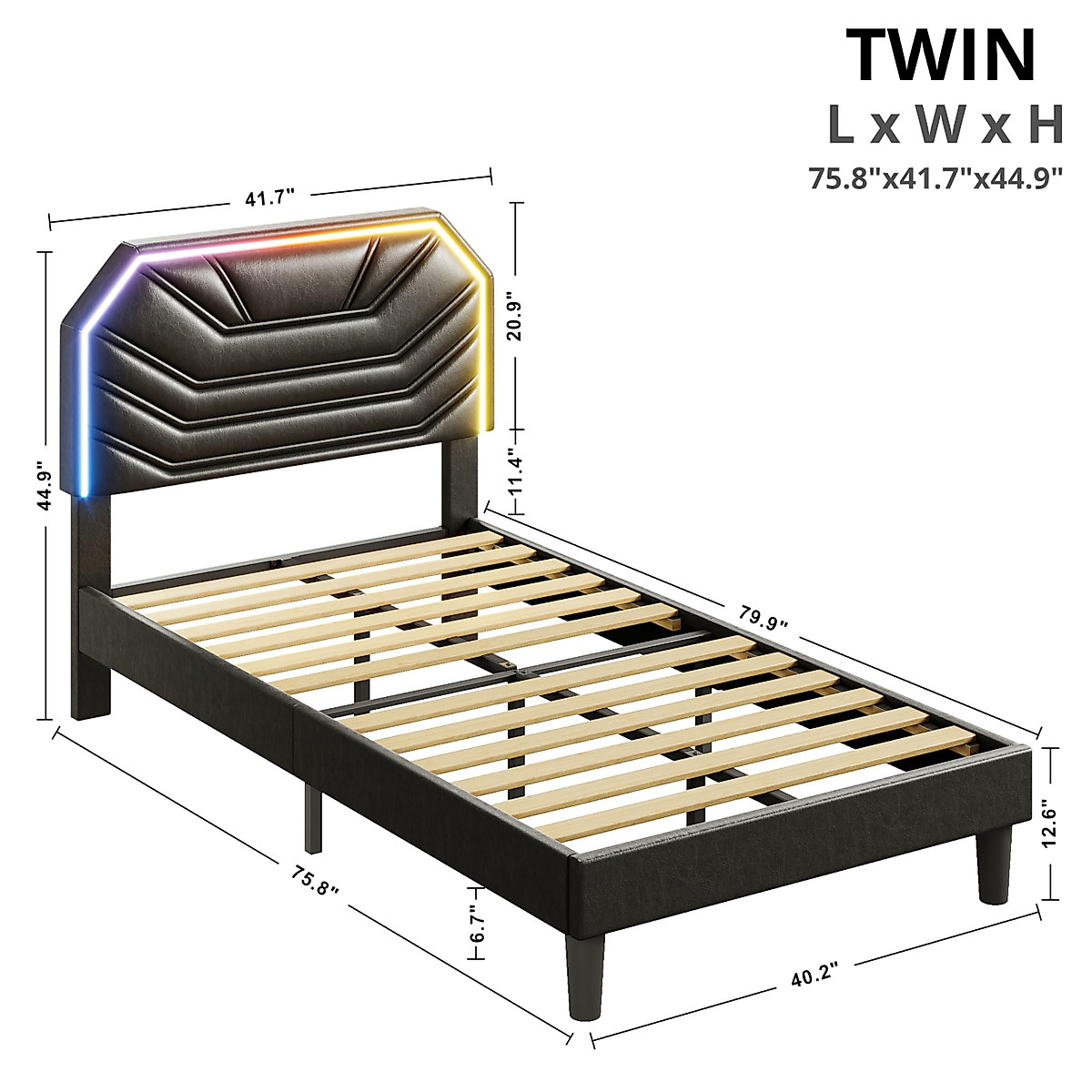 LIKIMIO Twin Bed Frames with Lighted Headboard, Upholstered Modern Cama Twin Platform Bed with Heavy Duty Supports, No Box Spring Need, Noise Free, Easy Assembly, Black