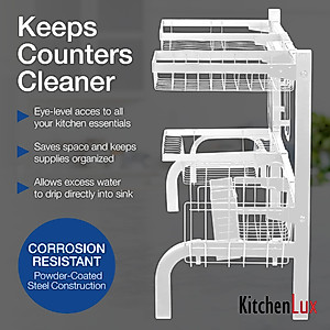 Kitchen Lux Over The Sink Dish Drying Rack - Kitchen Counter Dishes Drainer and Hanging Storage Organizer for Single, Wide, Double Sinks - Space Saving Design, Utensil Holder, Hooks Plate & Cup Rack