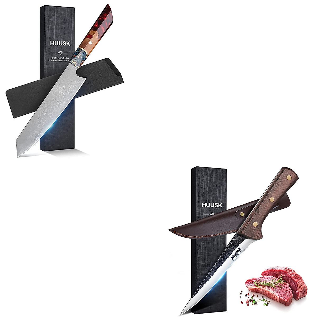 Huusk Damascus Chef Knife Bundle with Boning Knife for Meat Cutting