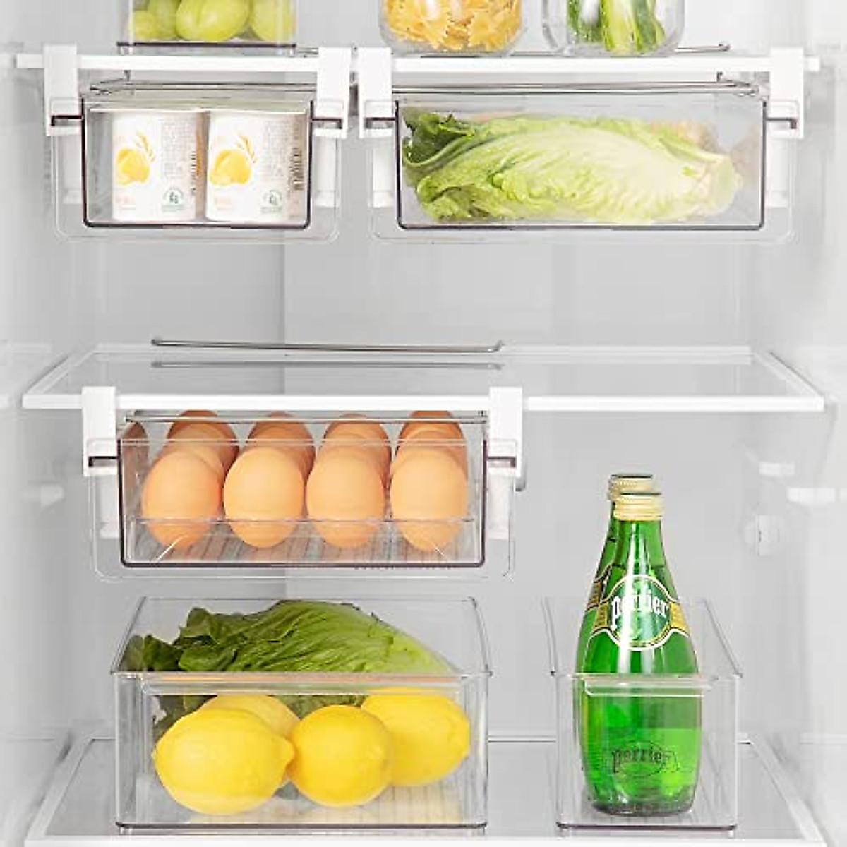 vacane Fridge Organizer Drawer, Clear Plastic Fridge Organizer Bins, Add on Refrigerator Drawer,Fridge Storage Container Under Shelf Holder for Fruit, Vegetable, Meat, Cheese, Easy to Install-L